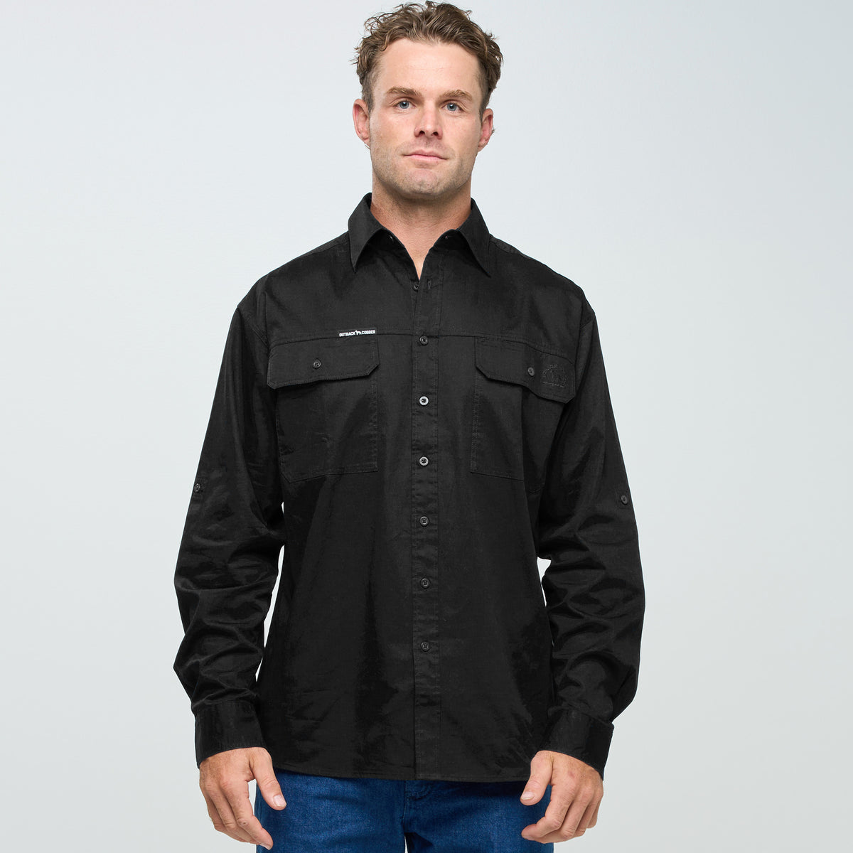 ESK MENS FULL BUTTON LONG SLEEVE WORK SHIRT BLACK — Outback Cobber