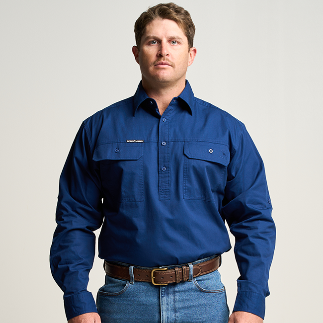 KILCOY | Mens Half Button Long Sleeve Work Shirt - Navy — Outback Cobber