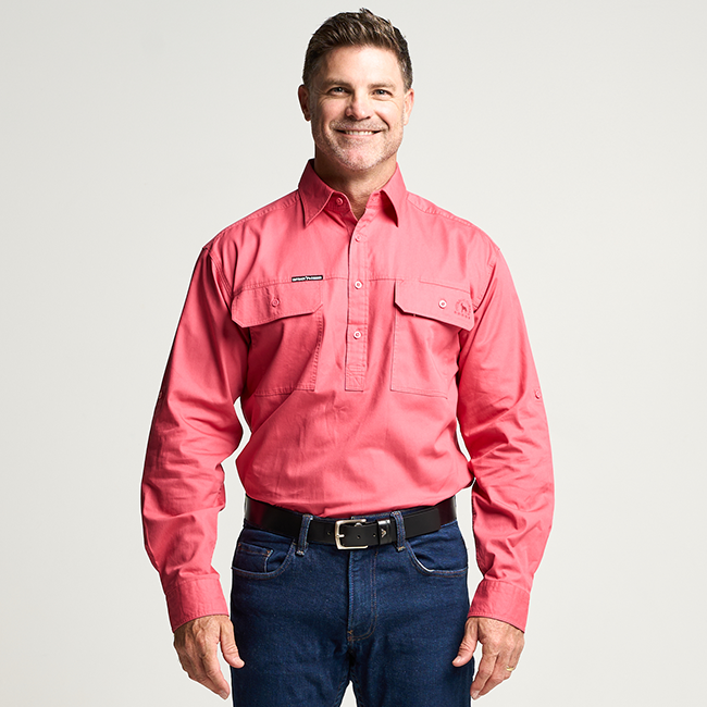 KILCOY | Mens Half Button Long Sleeve Work Shirt - Hibiscus Pink ...