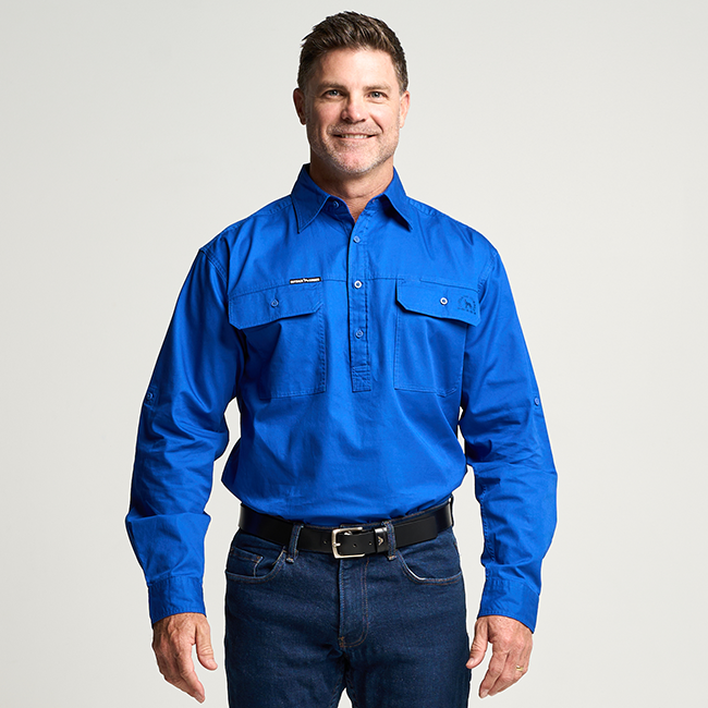 KILCOY | Mens Half Button Long Sleeve Work Shirt - Royal — Outback Cobber