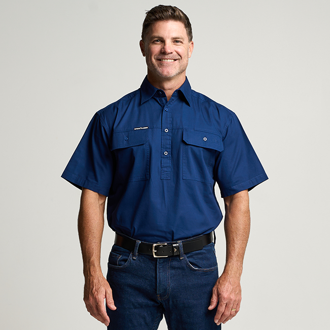 KILCOY | Mens Half Button Short Sleeve Work Shirt - Navy — Outback Cobber