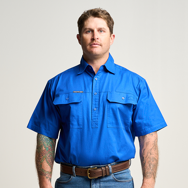 KILCOY | Mens Half Button Short Sleeve Work Shirt - Royal — Outback Cobber